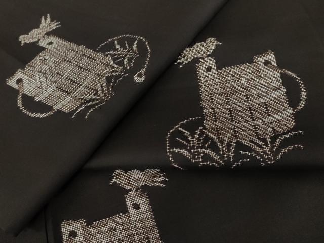 平和屋着物●本場大島紬　地空き　カタス9マルキ　桶に休み鳥　正絹　逸品　AABD4985cs