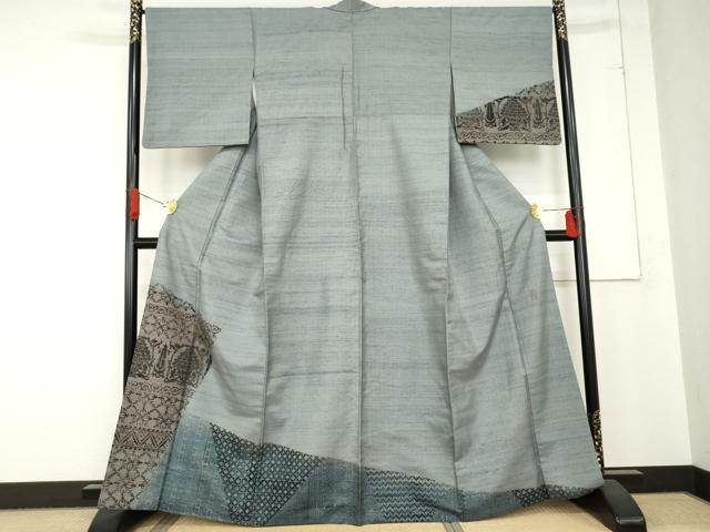 平和屋着物●訪問着　作家物　紬地　木版染め　飾花文　正絹　逸品　AABD4999cs