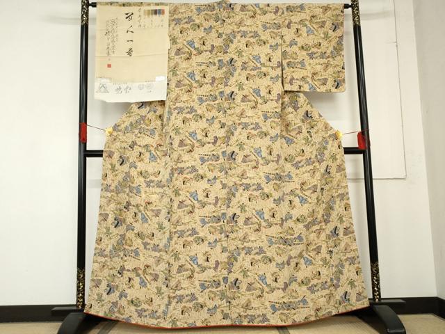 平和屋着物●友禅師・京の名工・伝統工芸士・樽本伊勢蔵　小紋　百人一首　金銀彩　丹後ちりめん　反端付き　正絹　逸品　AABD5012cs