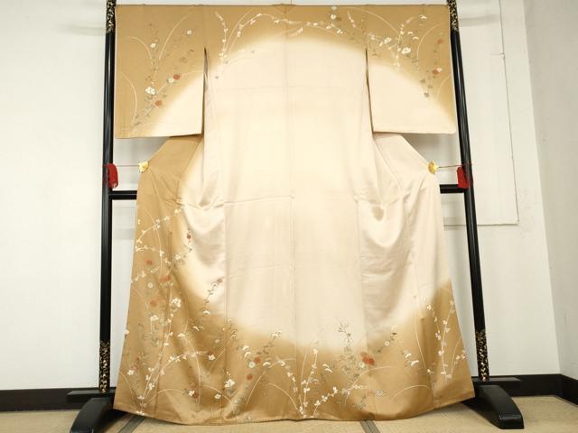 平和屋着物●訪問着　手描き　駒刺繍　枝花文　暈し染め　正絹　逸品　AABD5020cs