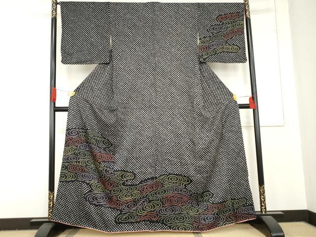 平和屋着物●訪問着　絞り　流水文　黒地　正絹　逸品　AABD5076cs