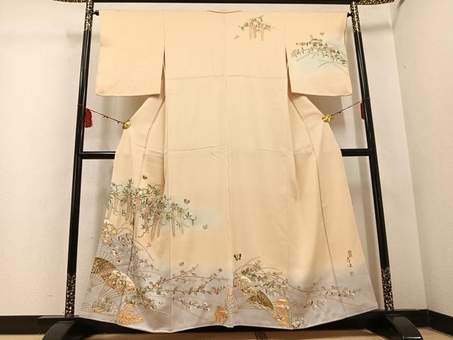 平和屋着物●螺鈿作家　甲斐泰造　訪問着　扇面花蝶文　暈し染め　金彩　正絹　逸品　AABD6018ph