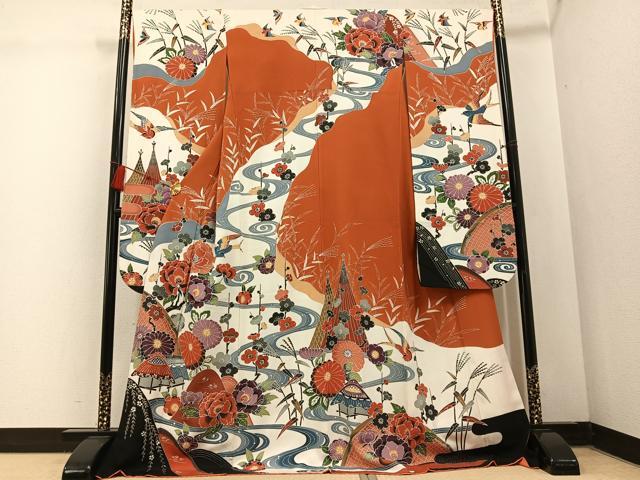 平和屋着物●紅型　振袖　花鳥風景文　ロング丈　正絹　逸品　AABD6032ph