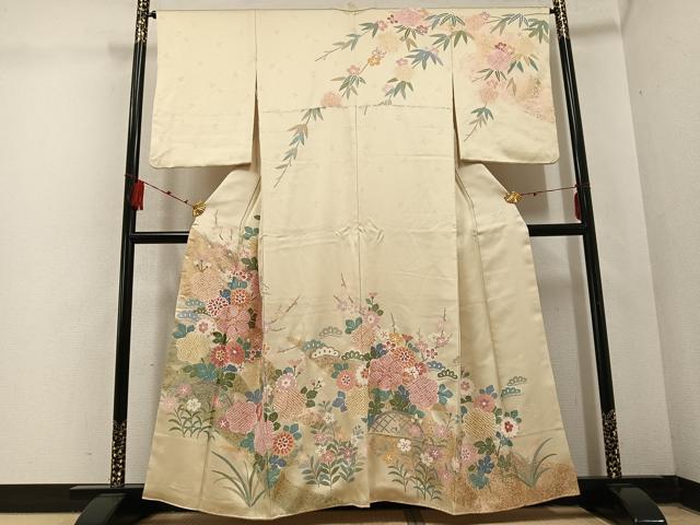 平和屋着物●訪問着　駒刺繍　絞り　草花文　金彩　正絹　逸品　AABD6036ph