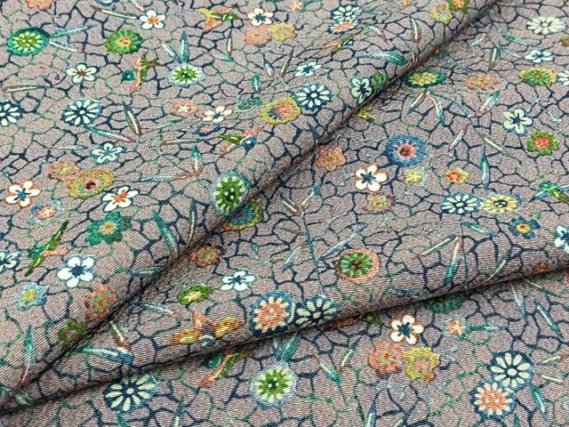 平和屋着物▽上質な小紋　単衣　型染め　草花文　正絹　逸品　AABD6068jh