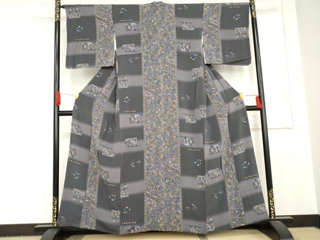 平和屋着物●上質な小紋　更紗人物花鳥文　鳳凰　暈し染め　鬼しぼ縮緬　正絹　逸品　AABD6230cs