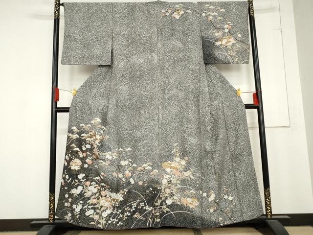 平和屋着物●訪問着　花冊子文　たたき染め　黒地　金彩　正絹　逸品　AABD6251cs