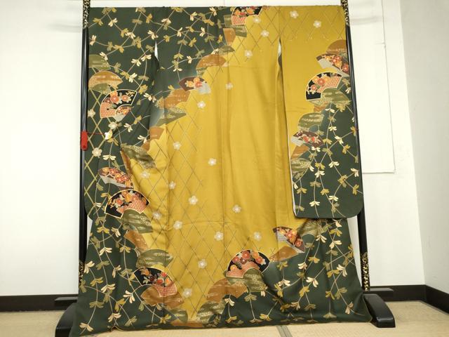 平和屋着物●豪華振袖　駒刺繍　地紙花文　金彩　ロング丈　正絹　逸品　AABD6263cs