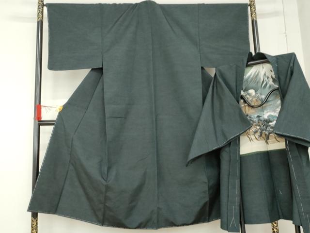 平和屋着物●男性　紬　アンサンブル　色無地　高麗納戸色　正絹　逸品　未使用　AABD6275cs