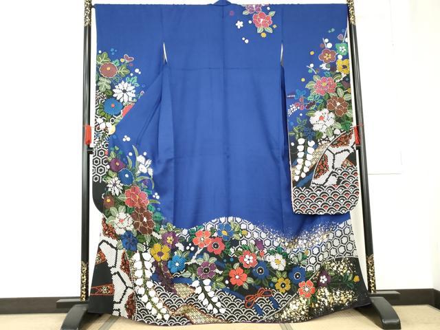 平和屋着物●豪華振袖　駒刺繍　吉祥草花文　金彩　正絹　逸品　AABD6308cs