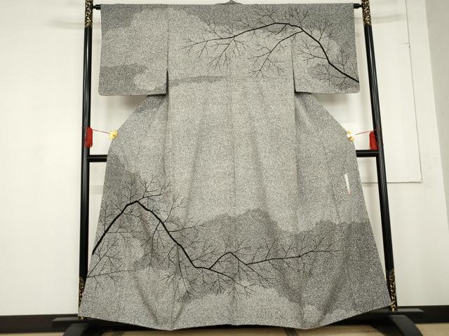 平和屋着物●二代目 川村久太郎　訪問着　枝木文　たたき染め　黒地　正絹　逸品　AABD6356cs