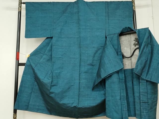 平和屋着物●男性　紬　アンサンブル　色無地　花浅葱色　正絹　逸品　未使用　AABD6371cs