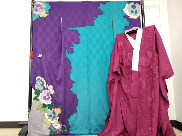 平和屋着物●世界的友禅作家 千地泰弘 振袖・長襦袢(無双仕立て)セット 草花文 草木シルエット 金彩 半衿刺繍 正絹 逸品 AABD6387cs