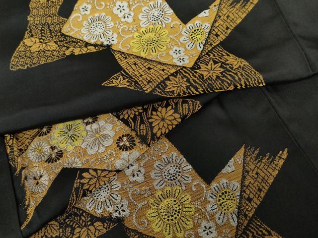 平和屋着物●上質な紬　花唐草文　楓　黒地　正絹　逸品　AABD6410cs