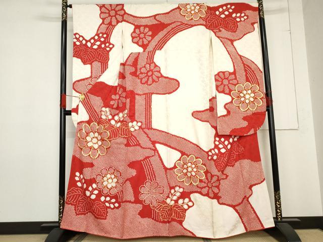 平和屋着物●豪華振袖　絞り　駒刺繍　舞花桐文　正絹　逸品　AABD6432cs