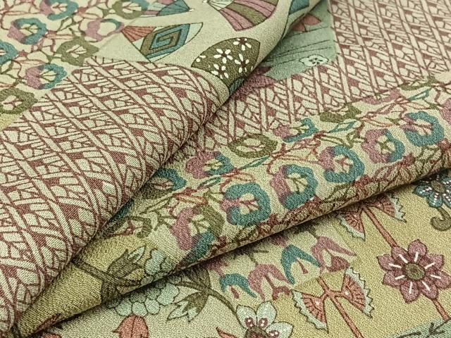 平和屋着物▽上質な小紋　単衣　横段花文　正絹　逸品　AABD6454jh