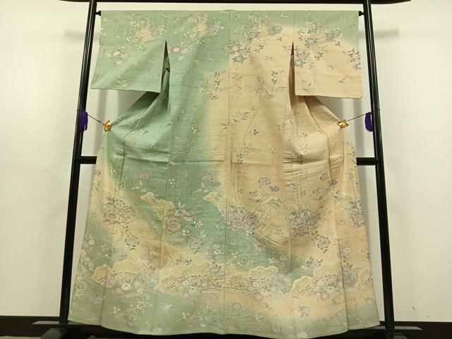 平和屋着物▽染織の名門　しょうざん  生紬　訪問着　単衣　扇面花鳥文　正絹　逸品　AABD6474jh