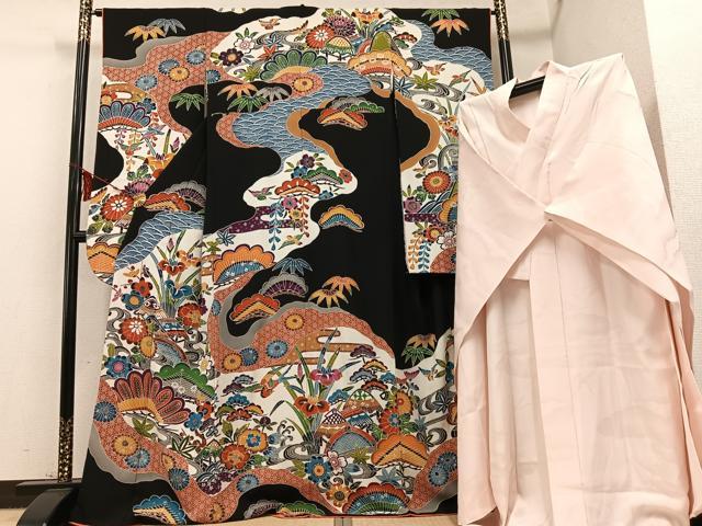 平和屋着物●紅型　振袖・長襦袢(袷)セット　花鳥文　黒地　正絹　逸品　AABD6498ph