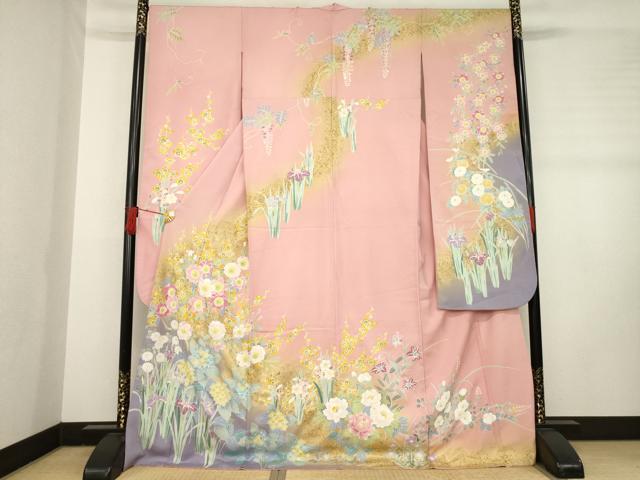 平和屋着物●豪華振袖　友禅　草花文　暈し染め　金彩　ロング丈　正絹　逸品　AABD6647ck