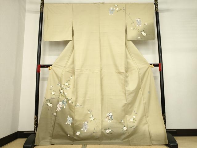 平和屋着物●十日町友禅作家　越村幸雪　訪問着　紬地　童子　暈し染め　ロング丈　正絹　逸品　AABD6715ck