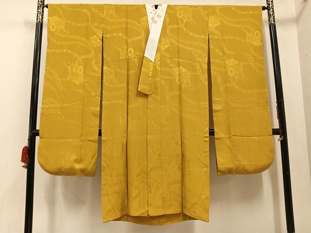 平和屋着物●振袖用長襦袢　無双仕立て　色無地　御所車地紋　山吹茶色　半衿刺繍　正絹　逸品　AABD7018ph