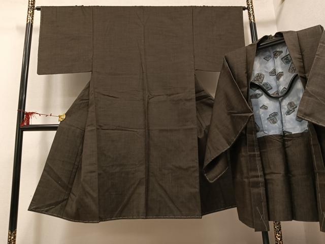 平和屋着物●男性　紬　アンサンブル　色無地　赤墨色　正絹　逸品　AABD7019ph