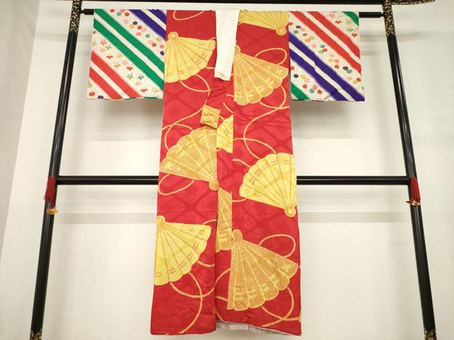 平和屋着物●アンティーク　大正ロマン　長襦袢　袷　檜扇花文　銀彩　正絹　逸品　AABD7401ck