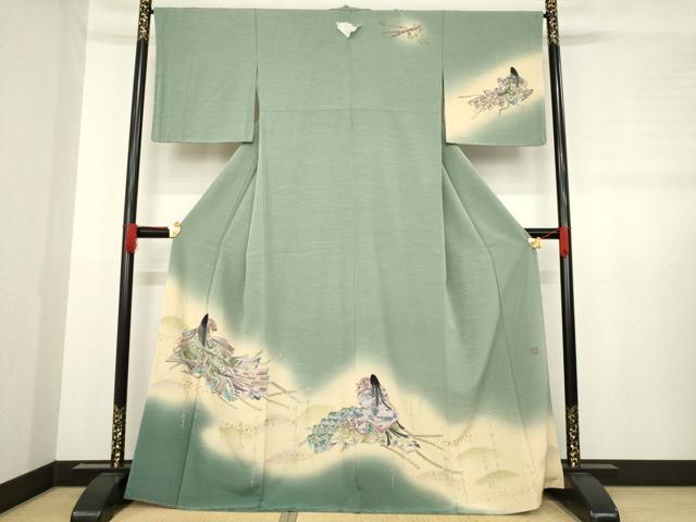 平和屋着物●友禅作家　河野栖山　訪問着　女人文　文字文　暈し染め　正絹　逸品　AABD7405ck