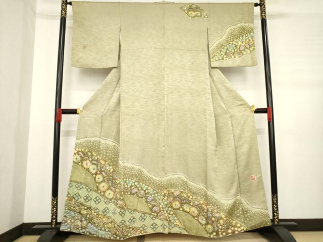 平和屋着物●樋熊哲也　訪問着　辻が花　絞り　手描き　舞花文　正絹　逸品　AABD7426ck