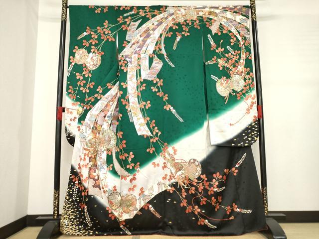 平和屋着物●豪華振袖　駒刺繍　花鳥鼓文　暈し染め　金彩　正絹　逸品　AABD7432ck