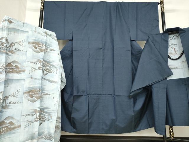 平和屋着物●男性　本場大島紬　アンサンブル　長襦袢(袷)セット　変わり格子　正絹　逸品　AABD7436ck