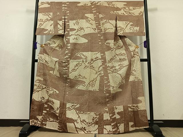 平和屋着物▽訪問着　単衣　生紬　樹林文　正絹　逸品　AABD7515jh