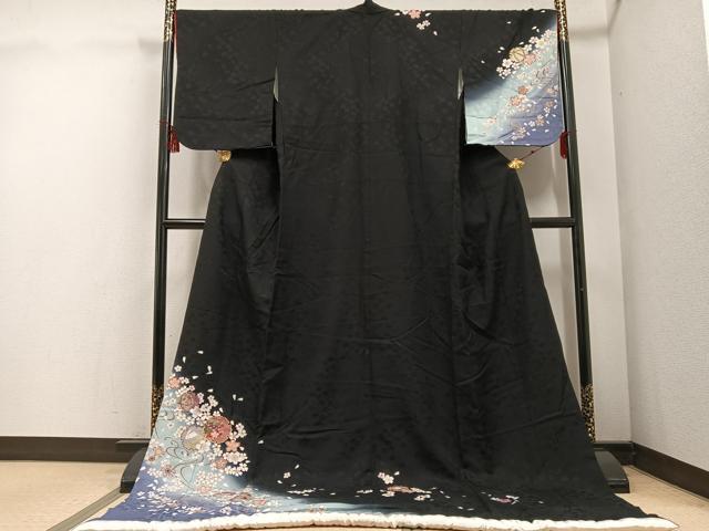 平和屋着物●お引きずり・お引き摺り 訪問着 和装 舞妓 芸妓 衣装 駒刺繍 雪輪 兎 糸巻 桜 暈し染め 黒地 金彩 逸品 AABD7547ph