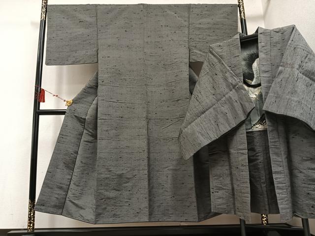 平和屋着物●男性　紬　アンサンブル　色無地　墨色　正絹　逸品　AABD7555ph