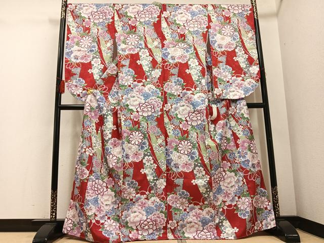 平和屋着物●小振袖　二尺袖　草花文　金彩　洗える着物　未使用　AABD7562ph