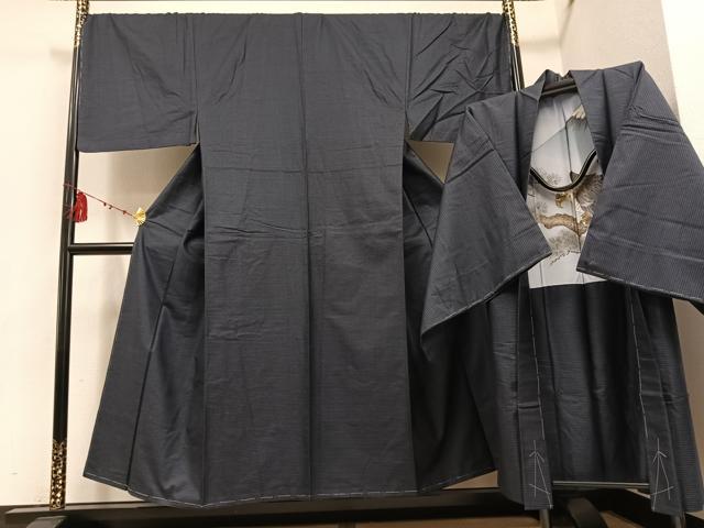 平和屋着物●男性　お召　アンサンブル　亀甲柄　正絹　逸品　AABD7565ph