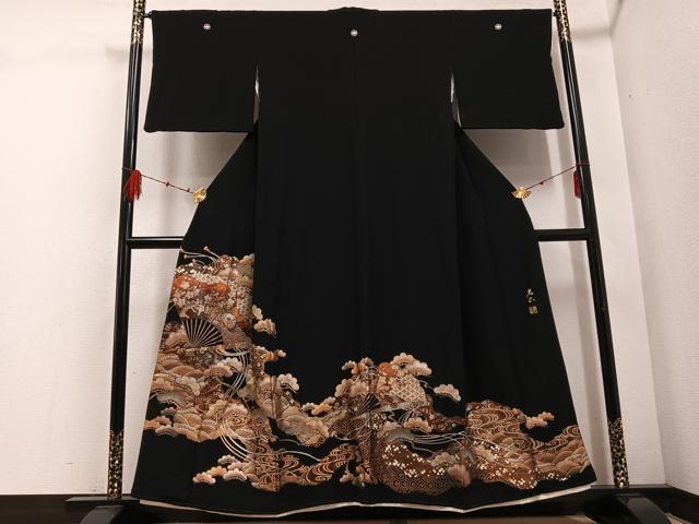 平和屋着物●金彩友禅　卓越技能者・名工・和田光正　黒留袖　檜扇吉祥草花文　金彩　正絹　逸品　AABD7593ph