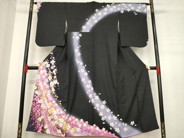 平和屋着物●訪問着　舞桜文　暈し染め　黒地　金彩　銀通し地　正絹　逸品　AABD7612ck