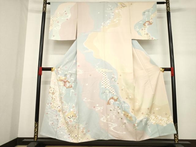 平和屋着物●訪問着　駒刺繍　地紙花文　鶴　金彩　正絹　逸品　AABD7616ck