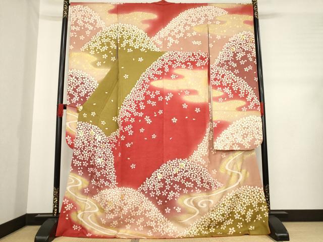 平和屋着物●豪華振袖　流水花文　暈し染め　銀通し地　ロング丈　正絹　逸品　AABD7640ck