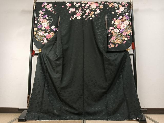 平和屋着物●小振袖　二尺袖　雪輪花文　黒地　金彩　洗える着物　AABD8504fy