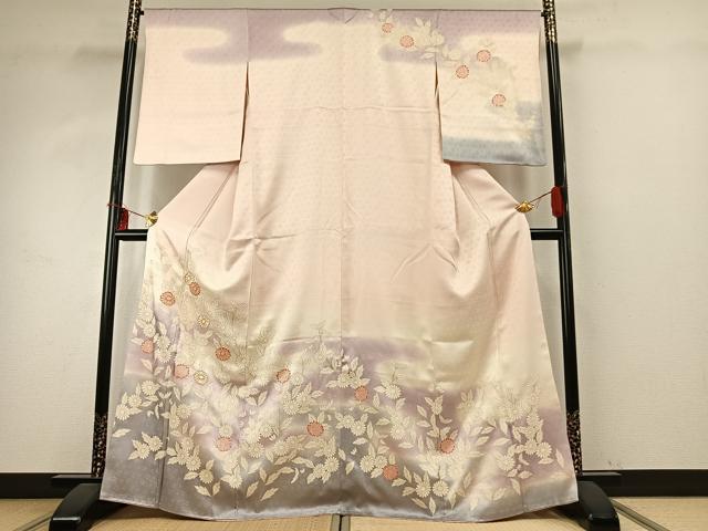 平和屋着物●訪問着　駒刺繍　草花文　暈し染め　金彩　正絹　逸品　AABD8527fy