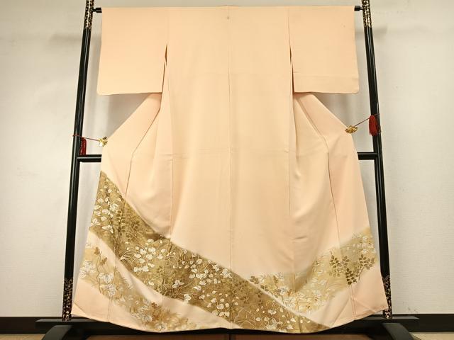 平和屋着物●訪問着　枝葉文　暈し染め　金糸　金彩　正絹　逸品　AABD8535fy