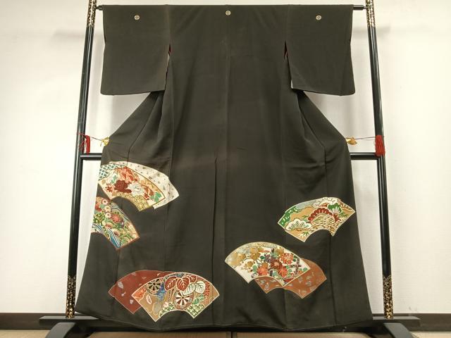 平和屋着物●アンティーク　大正ロマン　黒留袖　地紙花文　金銀彩　正絹　逸品　AABD8537fy