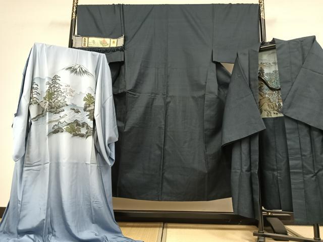 平和屋着物●男性　青海大島紬　アンサンブル　長襦袢セット　亀甲柄　反端付き　正絹　逸品　AABD8541fy