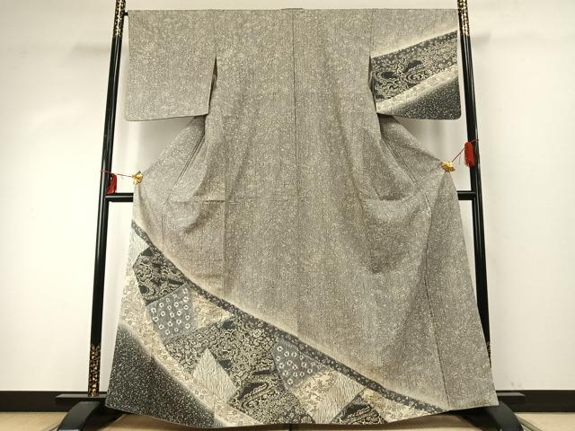 平和屋着物●訪問着　紬地　絞り　型染め　切嵌花文　正絹　逸品　AABD8606fy