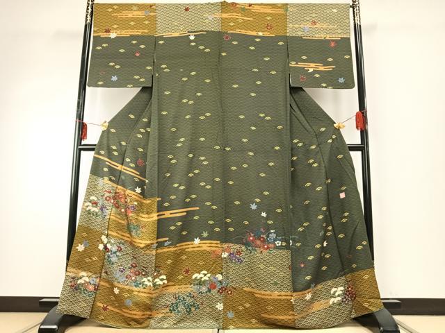 平和屋着物●ファッションデザイナー 花井幸子　訪問着　刺繍　草花文　金糸　金彩　正絹　逸品　AABD8621fy