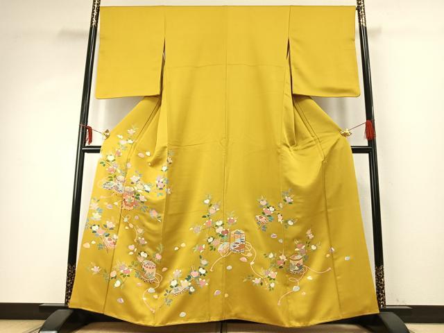 平和屋着物●創業460年・千總　色留訪問着　駒刺繍　貝桶枝花文　金彩　銀通し地　阪急百貨店扱い　正絹　逸品　AABD8645fy