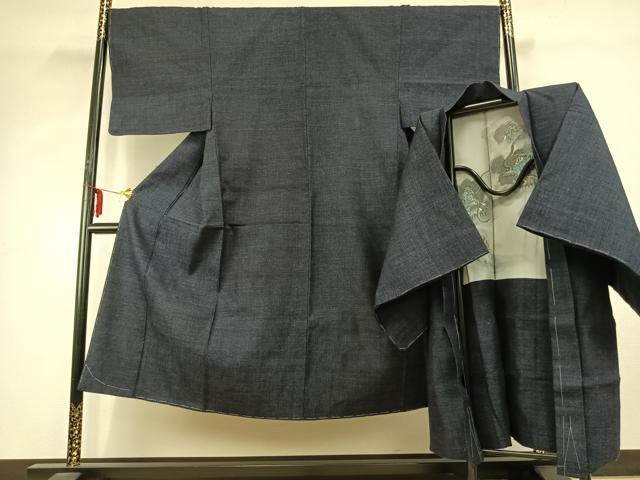 平和屋着物●男性　結城紬　杢　アンサンブル　霞文　反端付き　正絹　逸品　未使用　AABD8668fy