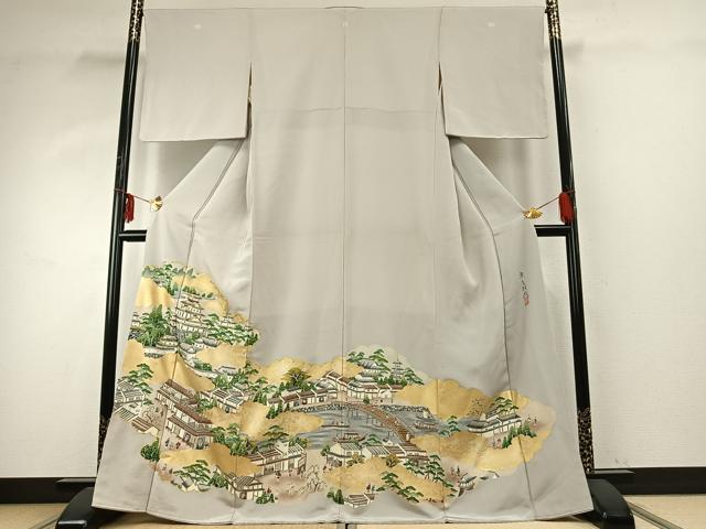 平和屋着物●十七代京屋林蔵　色留袖　駒刺繍　人物風景文　金彩　鬼しぼ縮緬　正絹　逸品　AABD8677fy